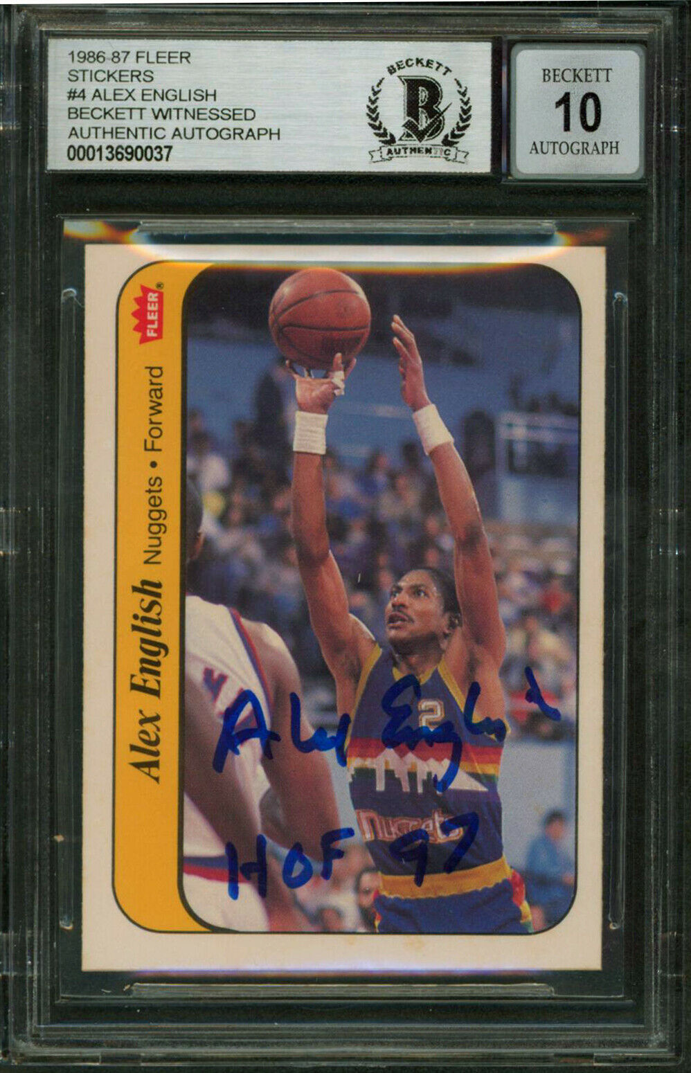 Nuggets Alex English Signed 1986 Fleer Stickers #4 Card Auto Graded 10 ...