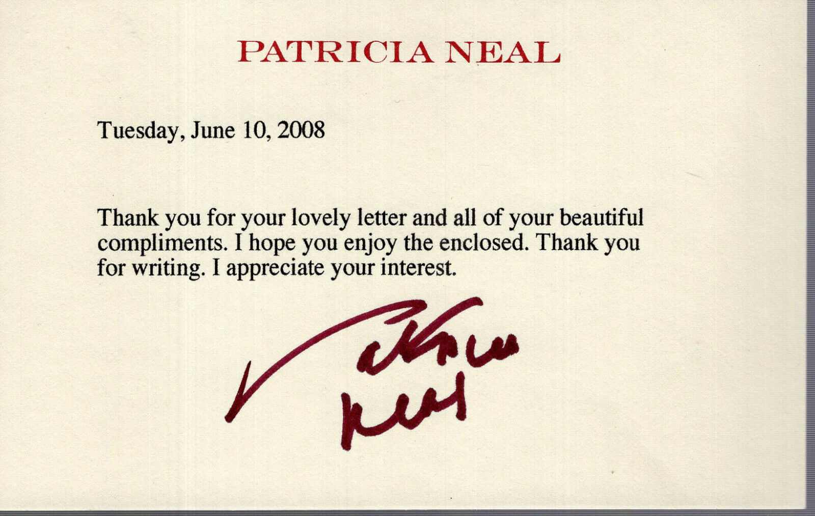 PATRICIA NEAL HAND SIGNED 3x5 NOTE CARD+COA ACADEMY AWARD WINNING ...