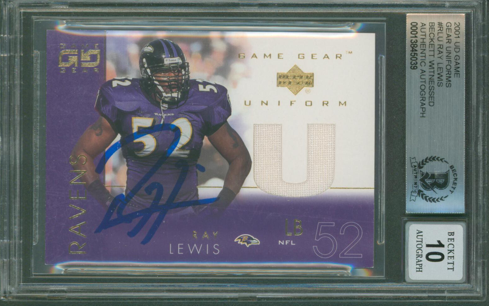 Ravens Ray Lewis Signed 2001 UD Game Gear Uniforms #RLU Card Auto 10 ...