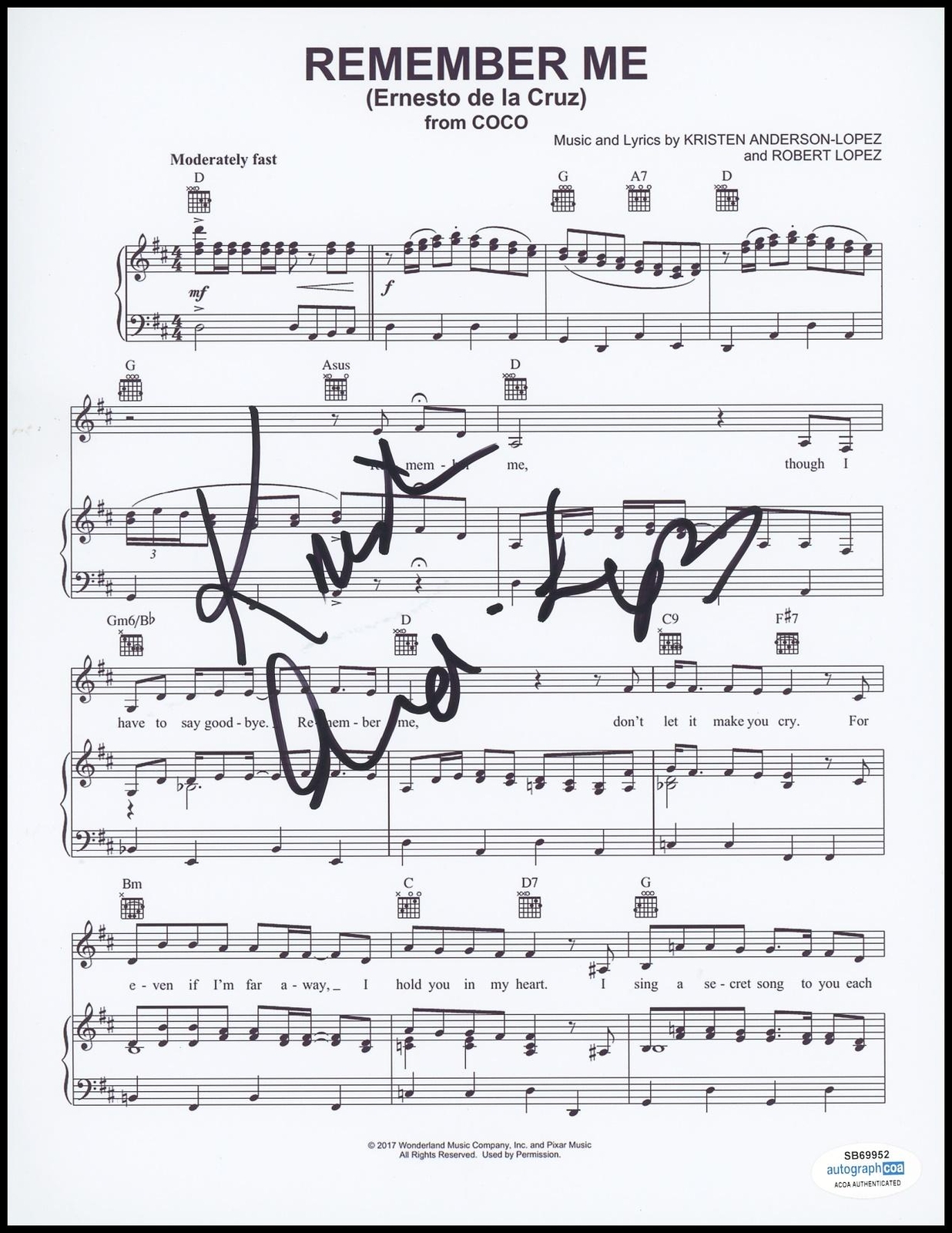 Kristen Anderson-Lopez "Coco" AUTOGRAPH Signed 'Remember Me' Sheet ...