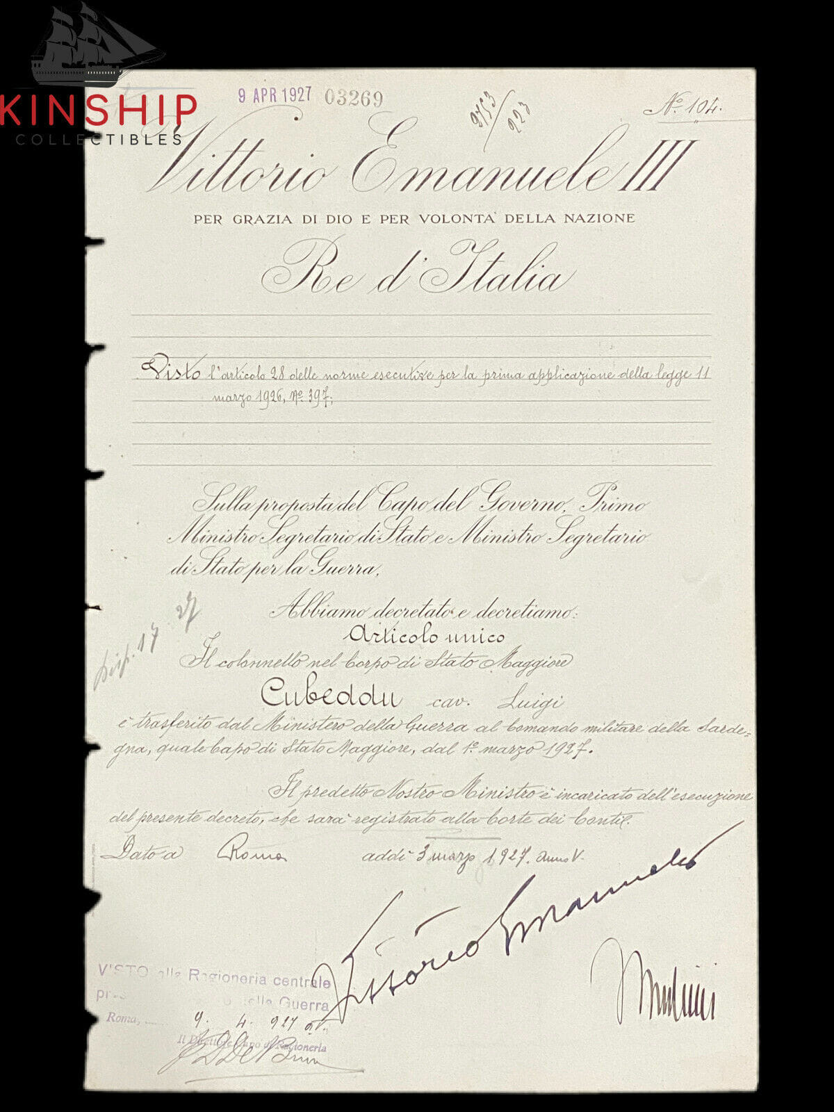Benito Mussolini signed Document JSA LOA Rare Bold Auto Italy WWII Z935 ...