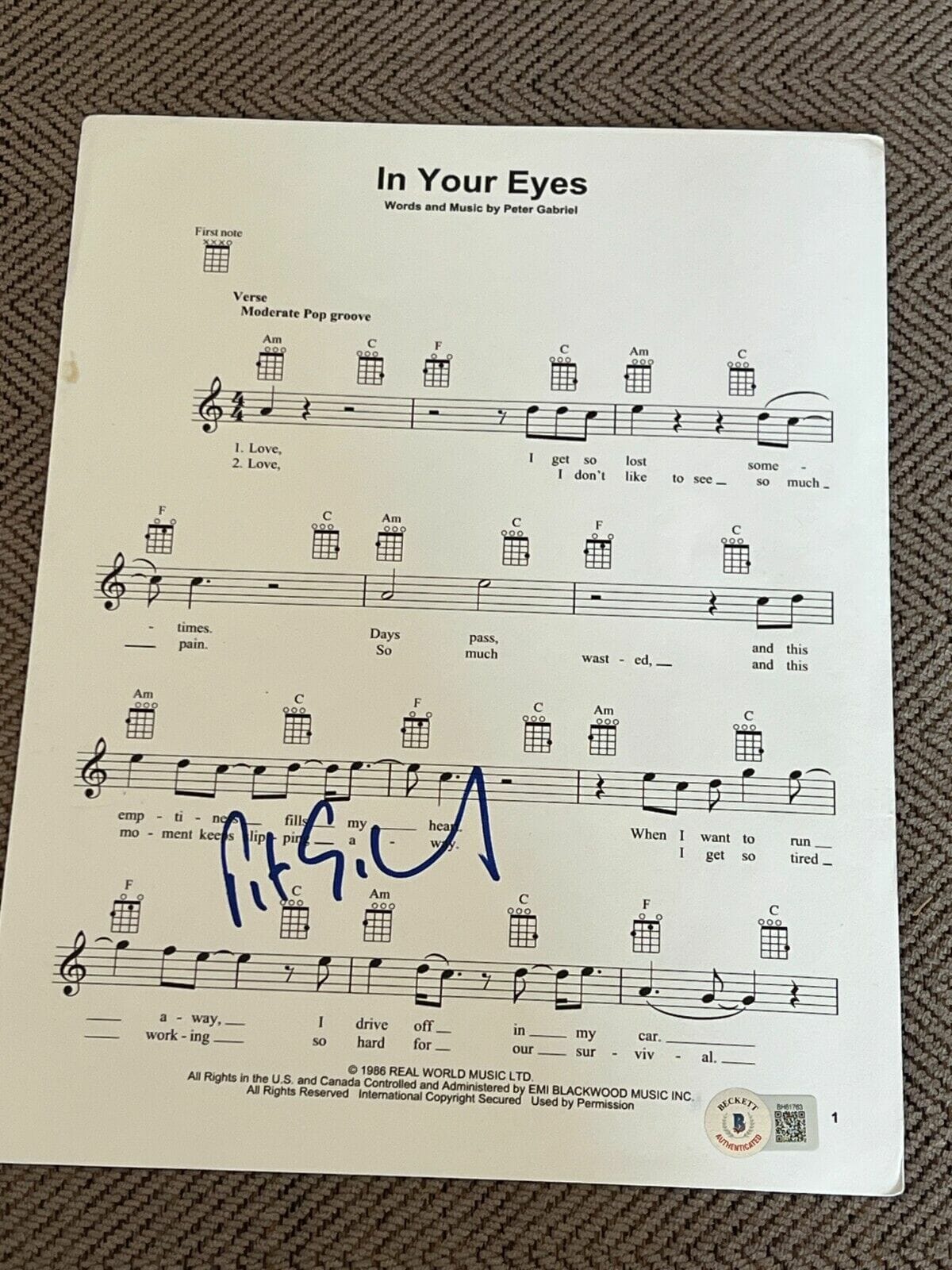 PETER GABRIEL SIGNED AUTOGRAPH SHEET MUSIC IN YOUR EYES GENESIS COA ...