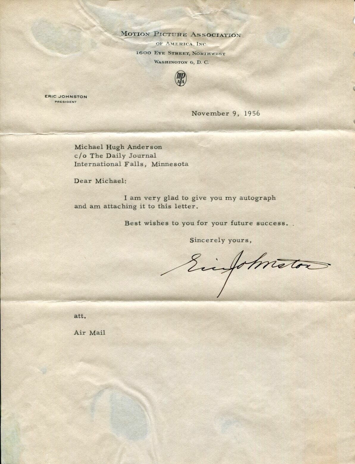 Eric Johnston Motion Picture Association Hollywood Blacklist Signed ...