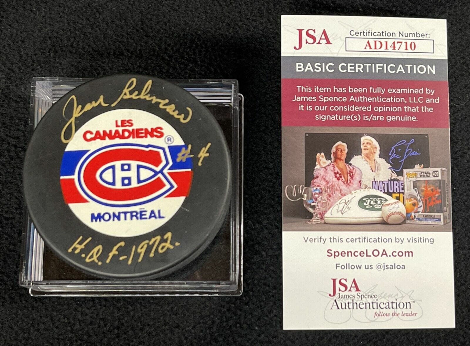 Jean Beliveau Signed & Inscribed Montreal Canadiens Trench Puck JSA COA ...