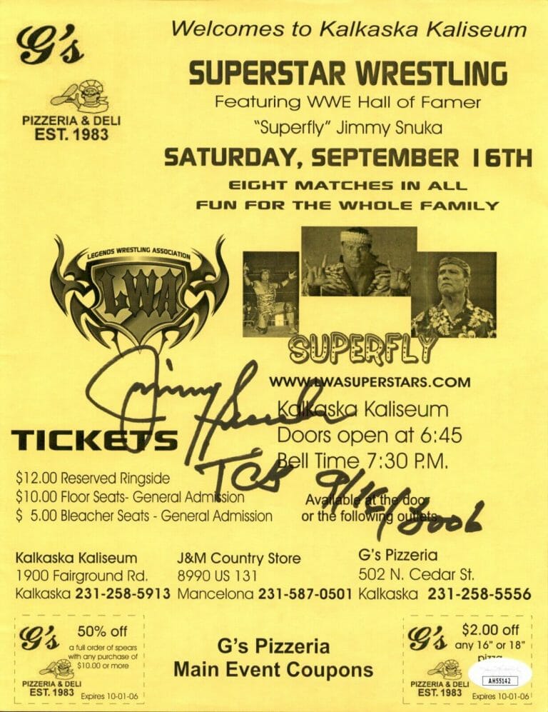 Jimmy Snuka "Superfly" Signed 8.5x11 Indy Show Flyer JSA COA WWE WWF ...