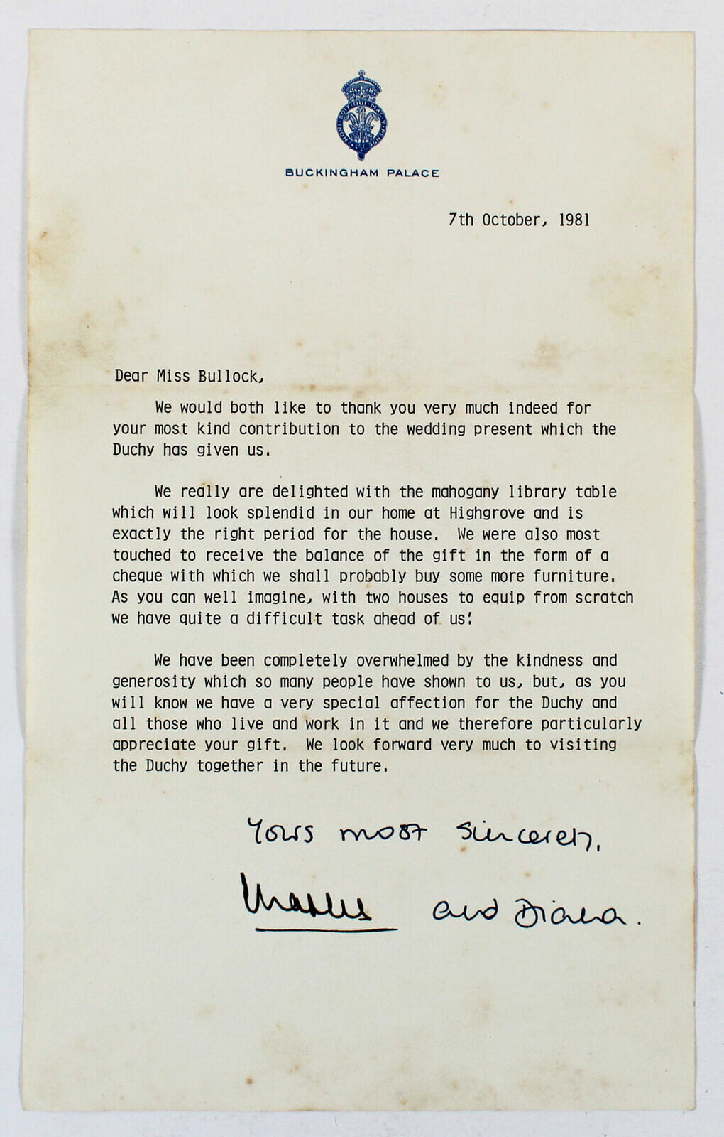 King Charles III & Princess Diana Signed 8x13 1981 Buckingham Palace ...