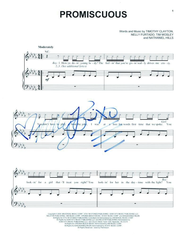 Nelly Furtado Signed Autograph Promiscuous Sheet Music w/ Justin ...