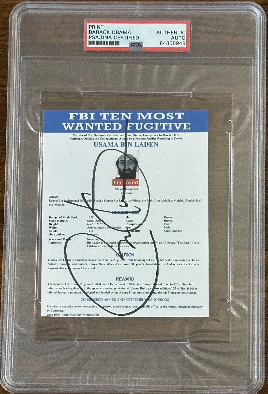 PRESIDENT BARACK OBAMA SIGNED OSAMA BIN LADEN WANTED POSTER PSA DNA ...