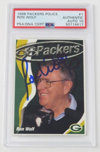 Ron Wolf PACKERS HOF Signed Autograph 1998 Police Rookie Card 1 PSA 10 ...