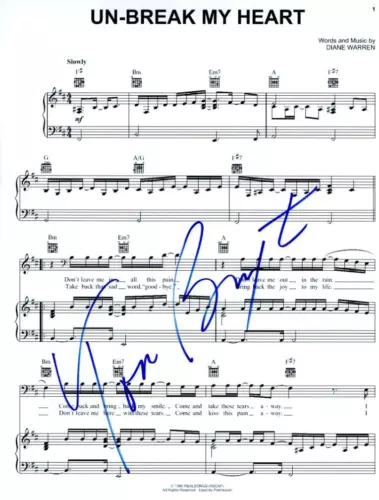 Toni Braxton Signed Un-Break My Heart Sheet Music Autograph Beckett ...