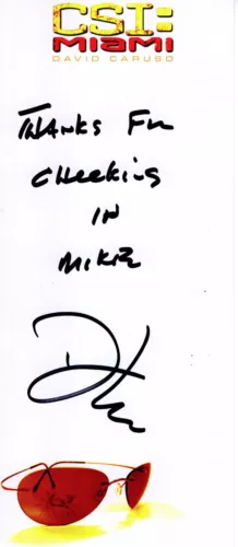 DAVID CARUSO HAND SIGNED+HAND WRITTEN 3x8 NOTE ON CSI MIAMI NOTECARD ...