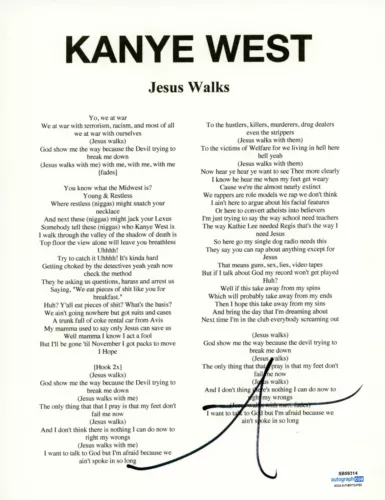 Kanye West Signed Autograph Jesus Walks Song Lyric 8.5x11 Sheet Ye ACOA ...