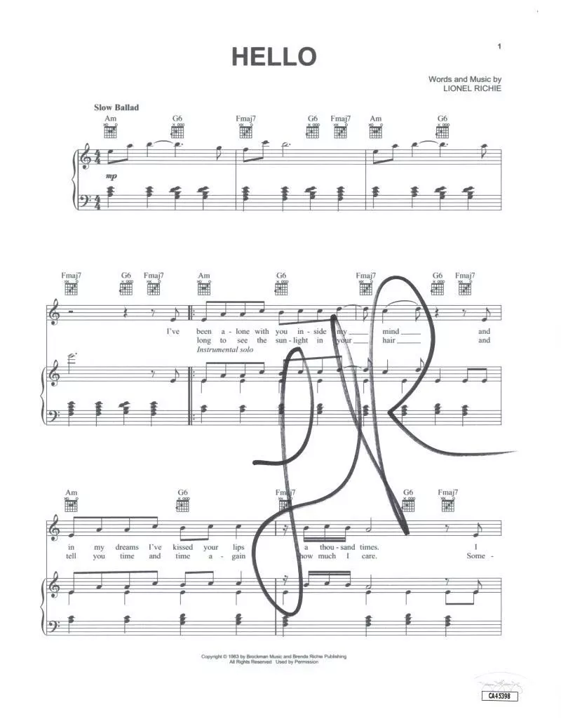 Lionel Richie Signed Autograph Hello Sheet Music Cant Slow Down W 5299