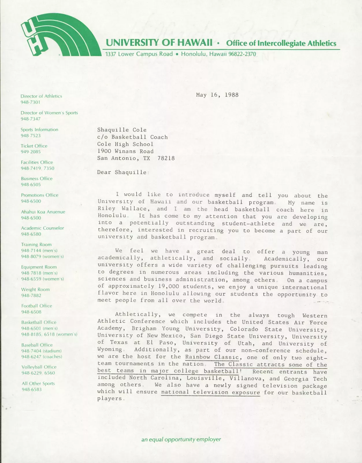 1988 University of Hawaii Shaquille O'Neal Recruitment Letter | Autographia