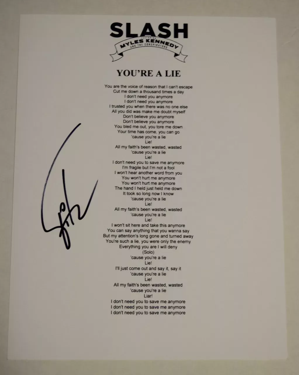 Brent Fitz Signed Autograph Slash & The Conspirators You're A Lie Lyric Sheet | Autographia