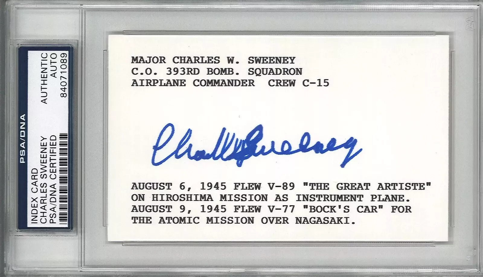 CHARLES SWEENEY SIGNED INDEX CARD PSA DNA 84071089 (D) ATOMIC BOMB ...