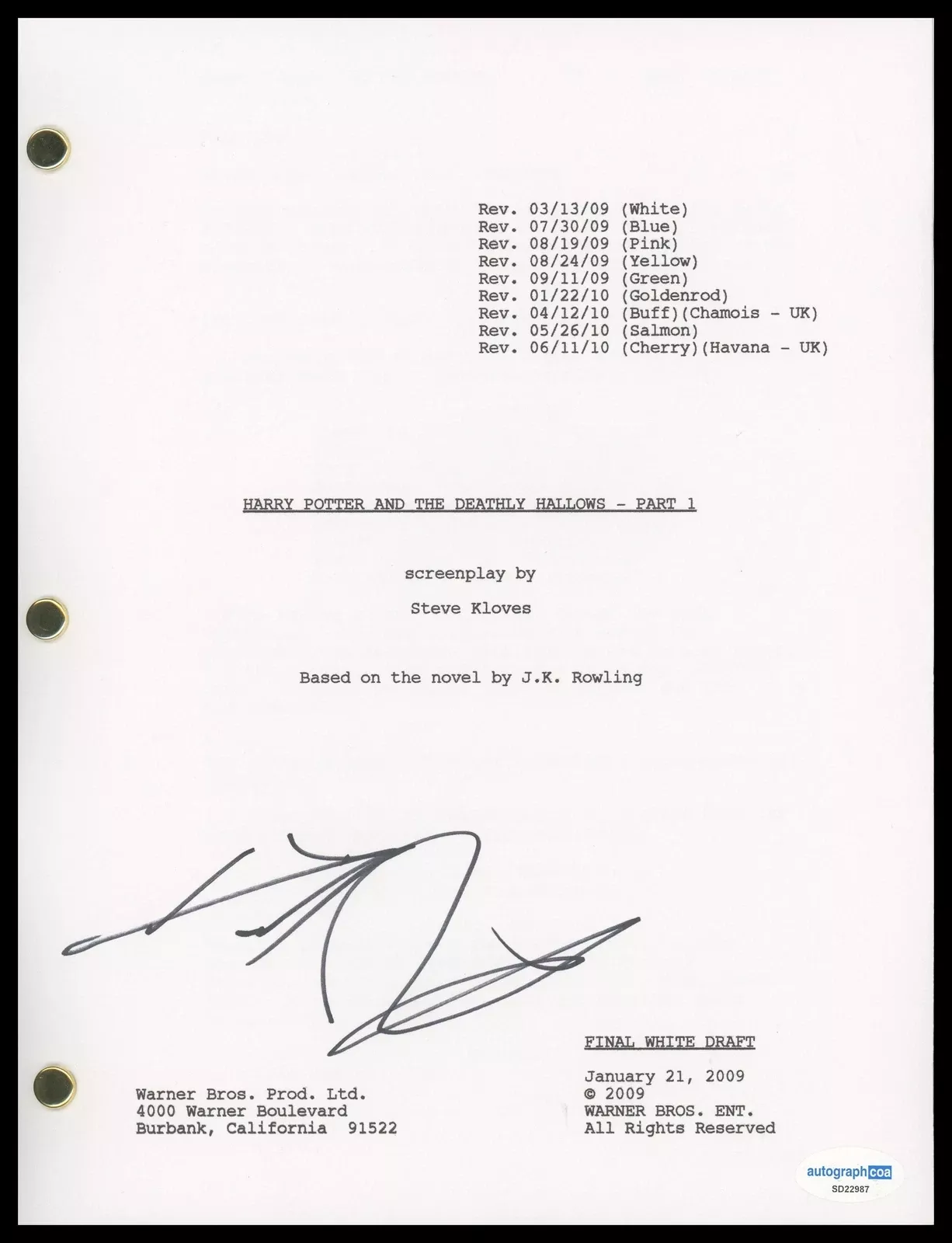 Daniel Radcliffe "Harry Potter and the Deathly Hallows Pt. 1" SIGNED ...