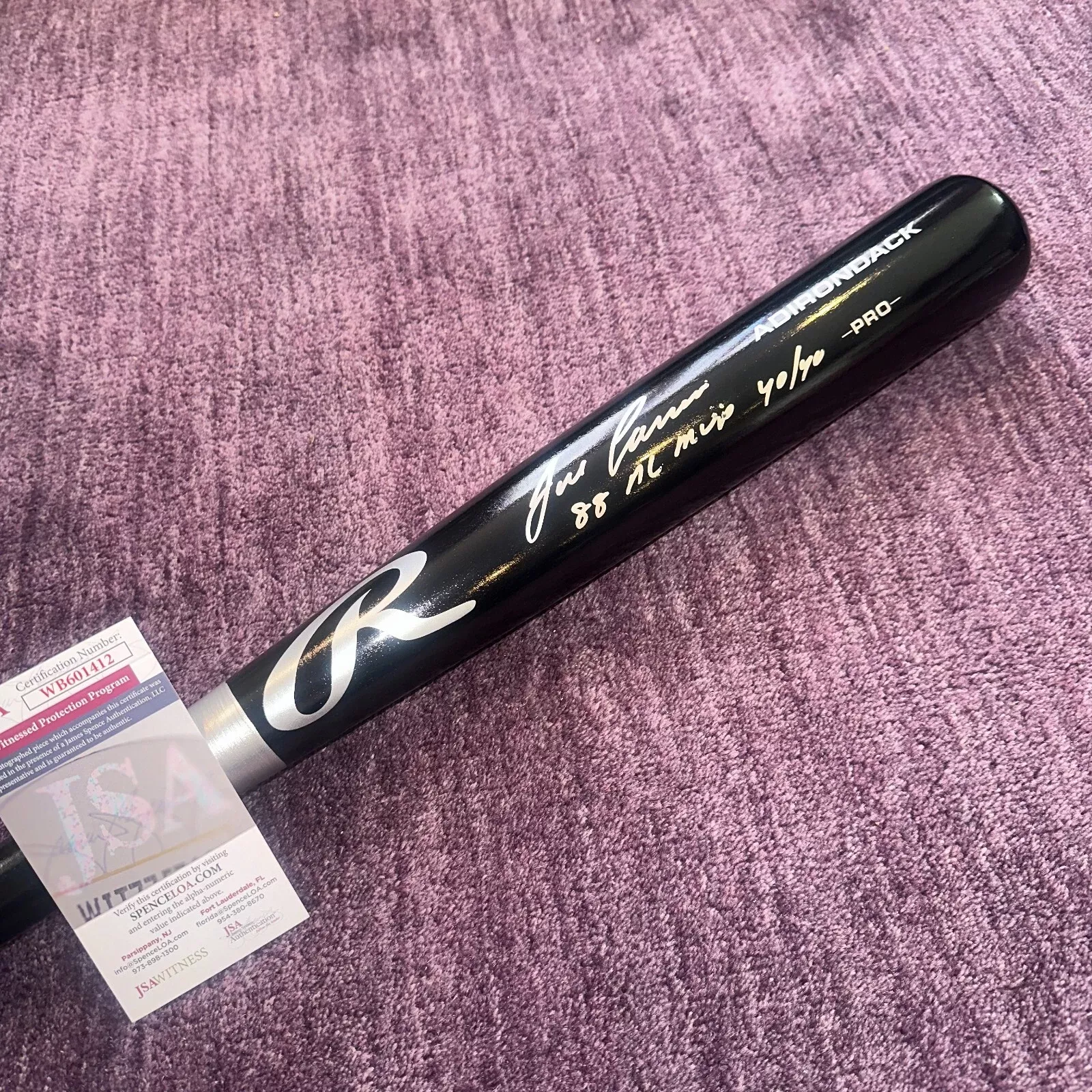 JOSE CANSECO (A's) Signed Black Rawlings BAT JSA w/ 88 AL MVP & 40/40 Inscr | Autographia