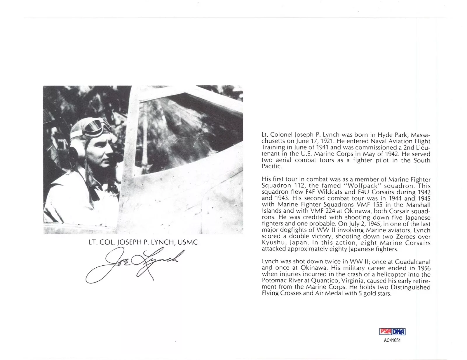 JOSEPH LYNCH SIGNED 8X10 (D) PSA DNA AC41651 WWII ACE 5 KILLS | Autographia