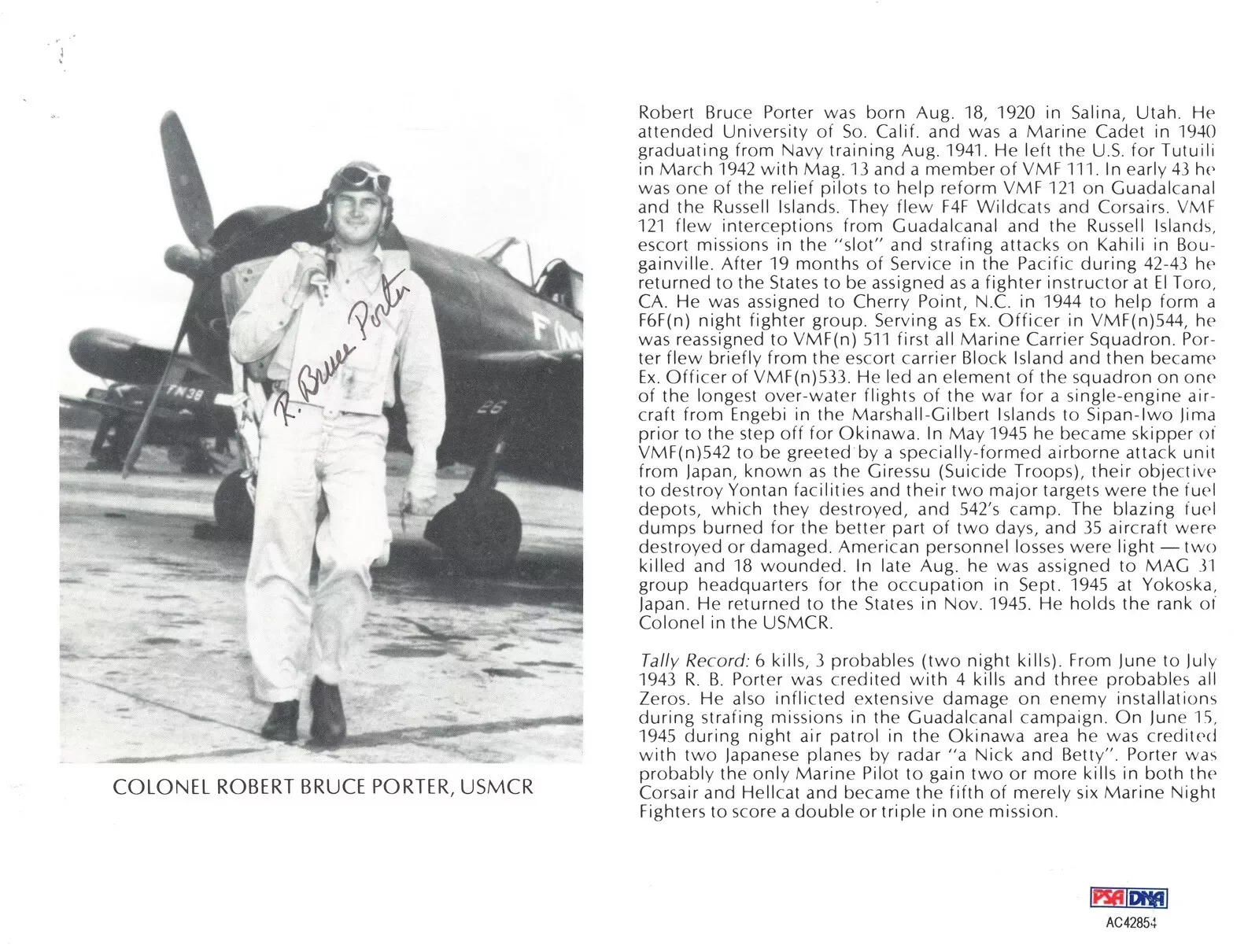 R. BRUCE PORTER SIGNED 8X10 (D) PSA DNA AC42854 WWII ACE 6 KILLS ...