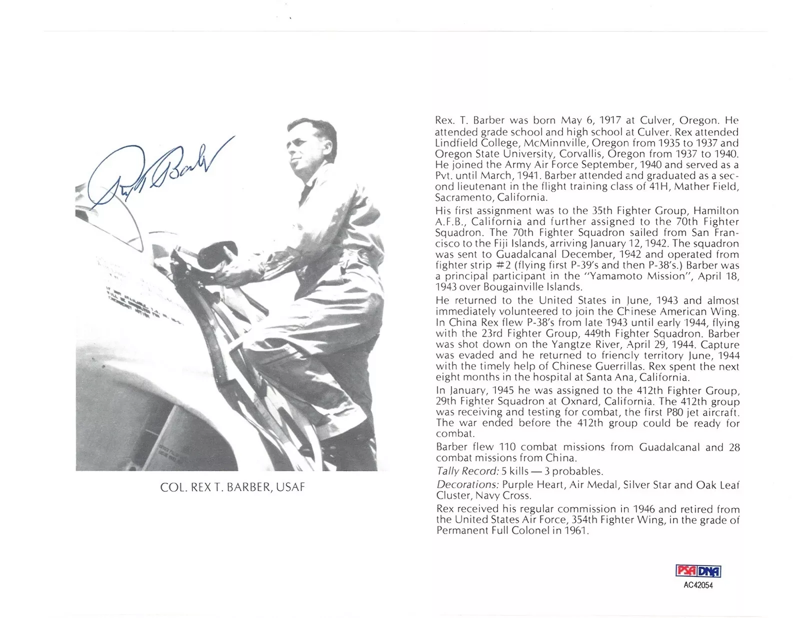 REX BARBER SIGNED 8X10 (D) PSA DNA AC42054 WWII ACE 5 KILLS | Autographia