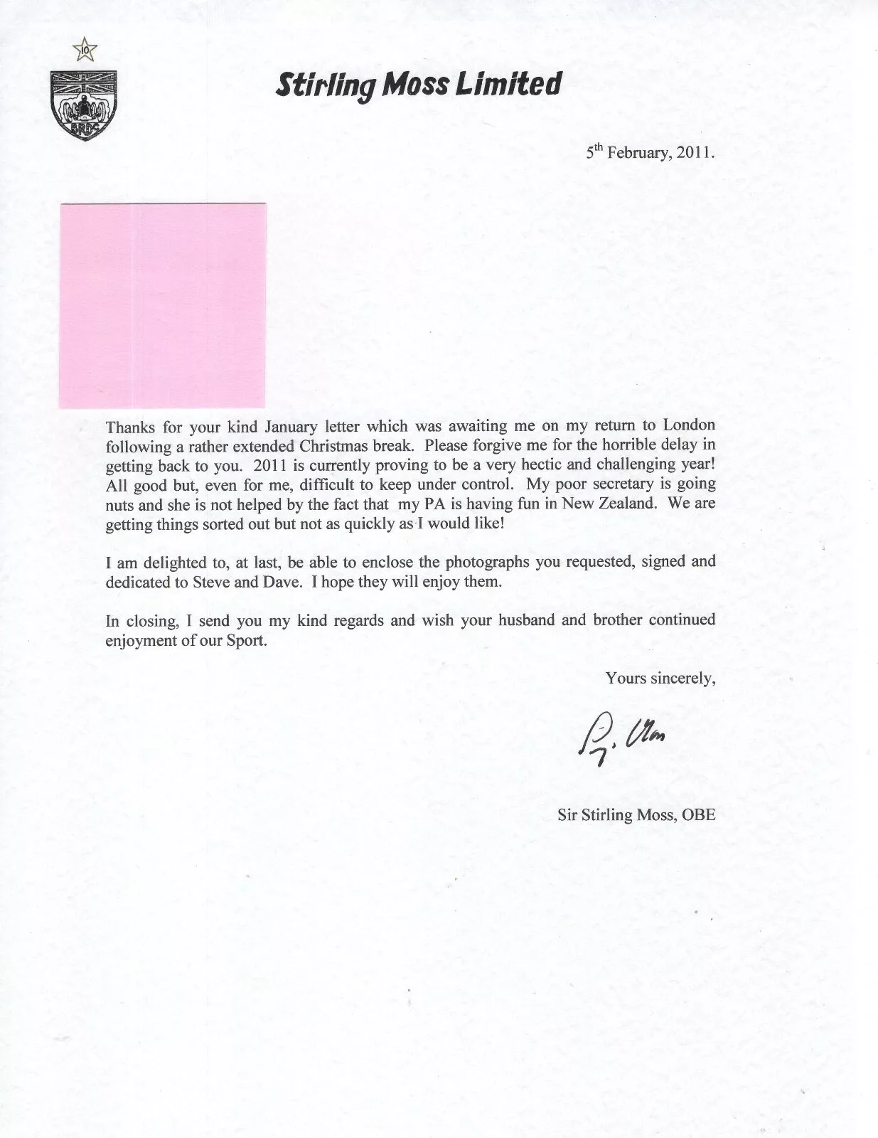 STIRLING MOSS HAND SIGNED 8x11 TYPED LETTER FROM 2011+COA FORMULA 1 ...