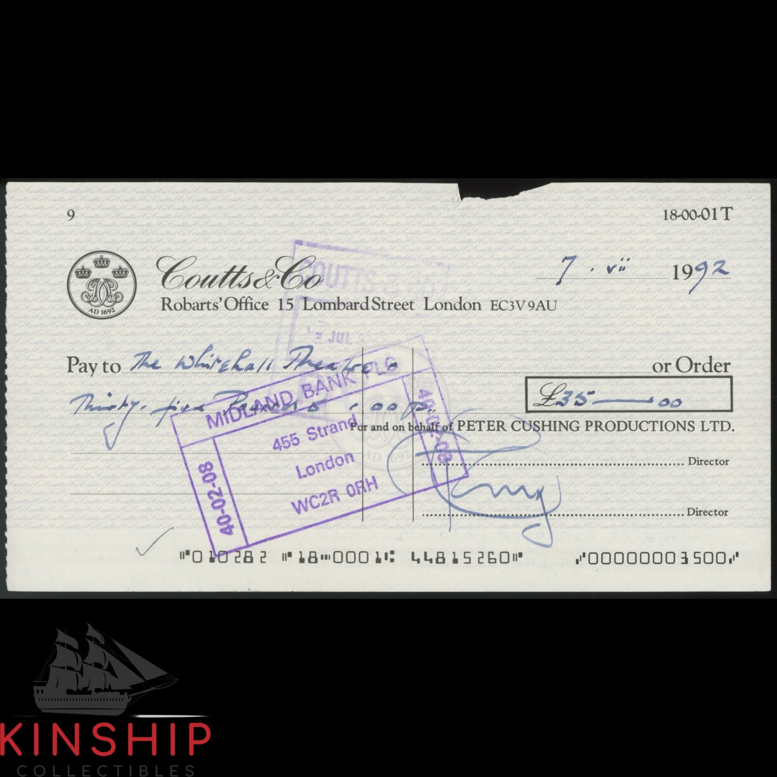 Peter Cushing signed Check JSA LOA Star Wars Auto Rare Z2369 | Autographia