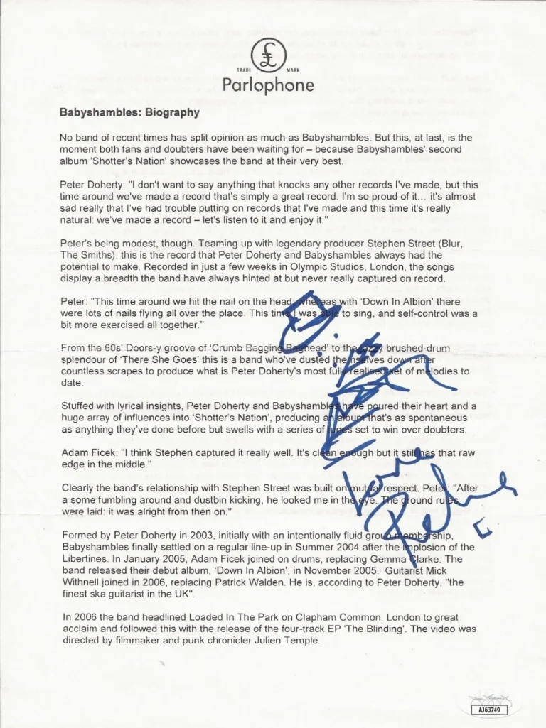 Pete Doherty of The Libertines SIGNED Babyshambles Biography Paper JSA ...