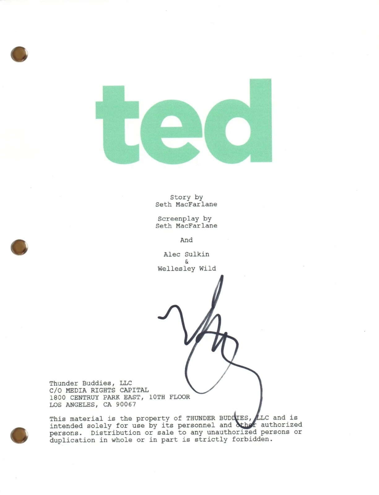 Mark Wahlberg TED Signed Autograph Movie Script Full Screenplay 2013 ...