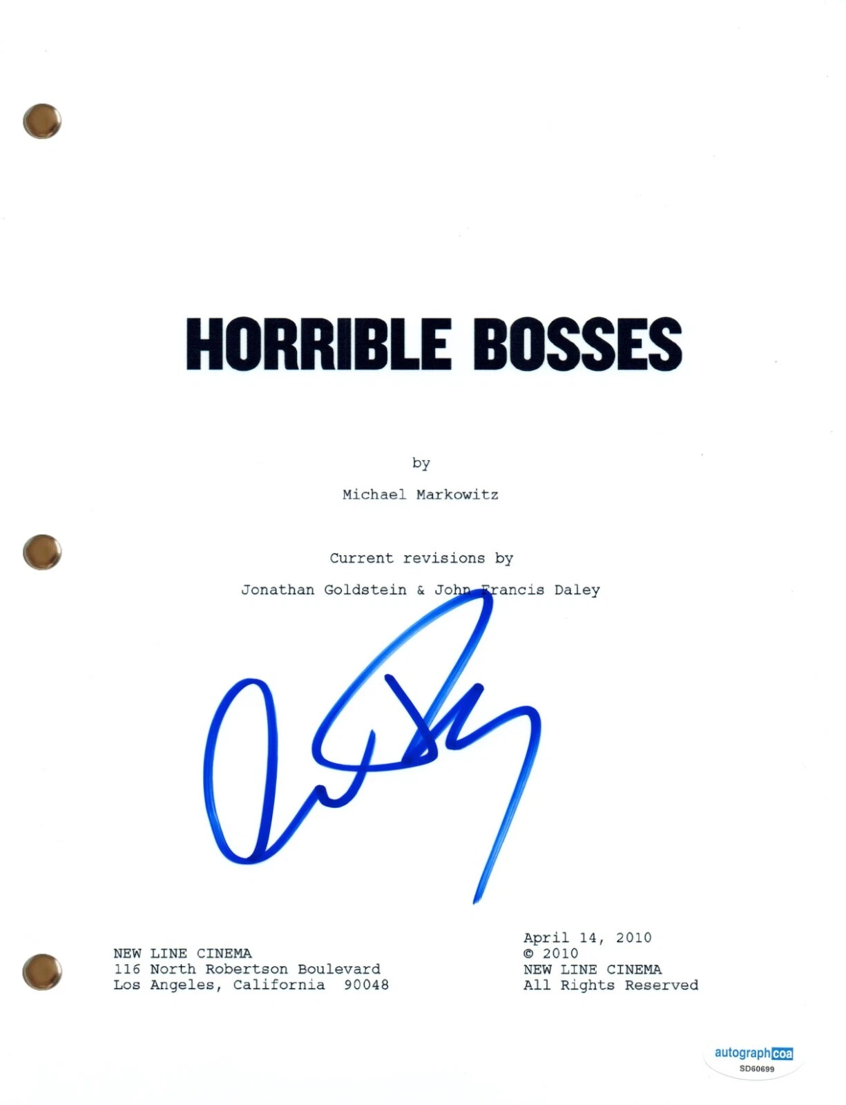 Charlie Day "Horrible Bosses" Signed Autograph Movie Script Full ...