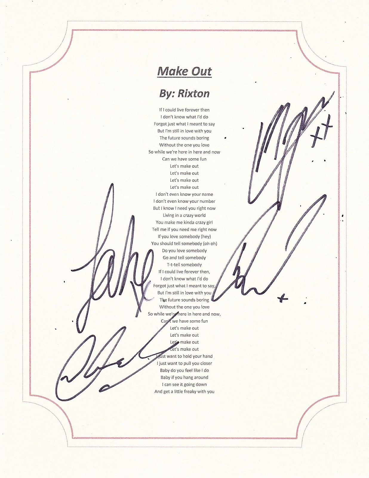 RIXTON GROUP SIGNED MAKE OUT LYRIC SHEET | Autographia